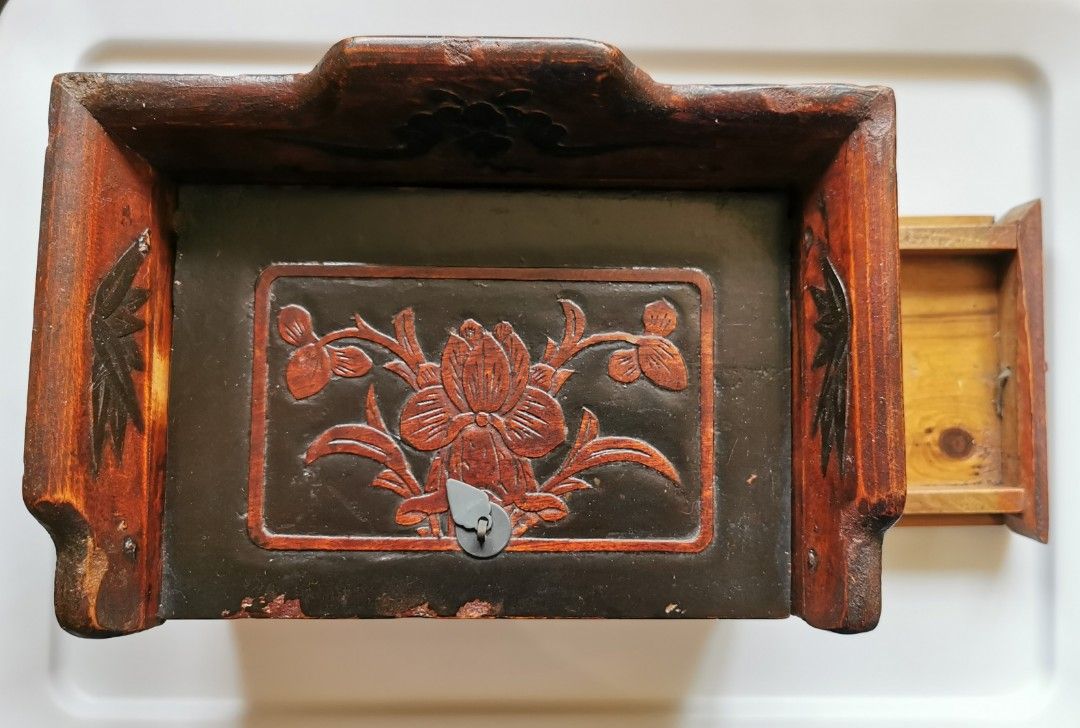 Antique hand carved chinese wooden box with side drawer, Hobbies & Toys ...