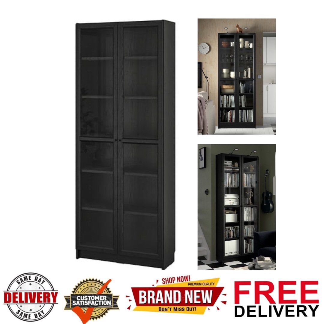 Bookcase, Bookshelf, BILLY / OXBERG Bookcase with glass doors Black oak ...