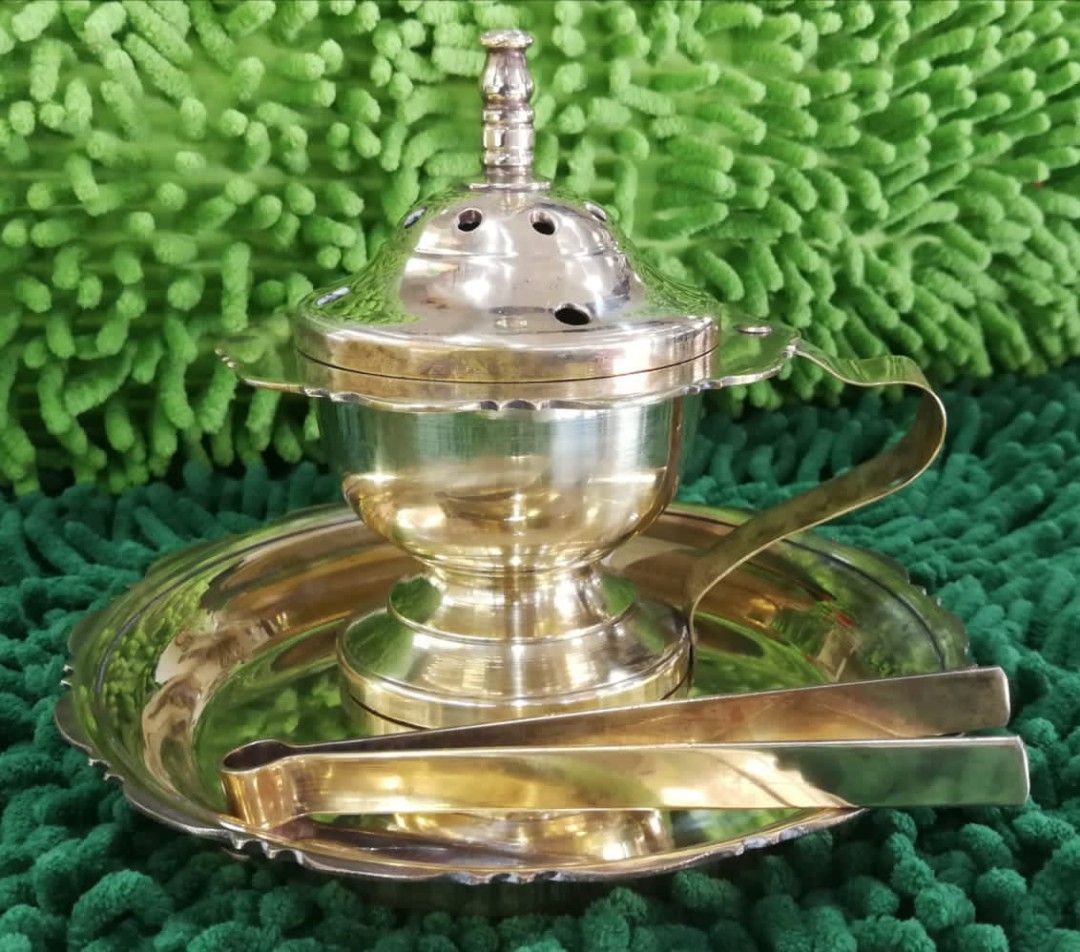 Brass Insence Burner Set With Lid And Tong Solid Brass With Tray 65 Height Furniture And Home
