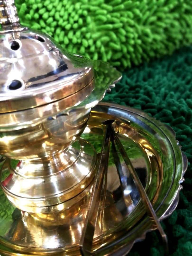 Brass Insence Burner Set With Lid And Tong Solid Brass With Tray 65 Height Furniture And Home