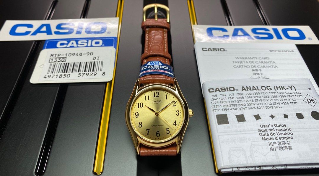 Casio ENTICER MTP-1094Q-9B Men’s Leather Quartz MTP1094Q-9B Gold Tone ...