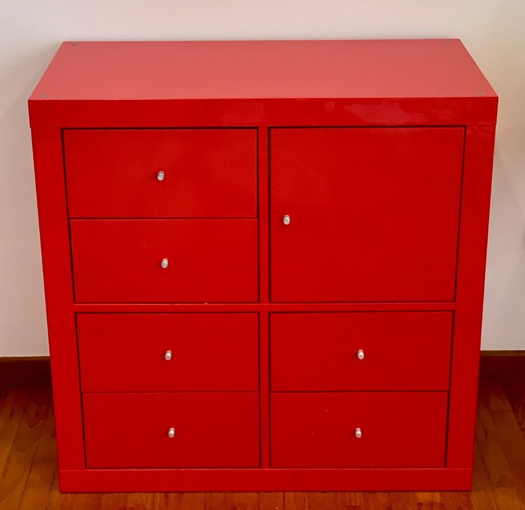 IKEA Kallax 2x2 shelving RED, with drawers and door, Furniture & Home ...