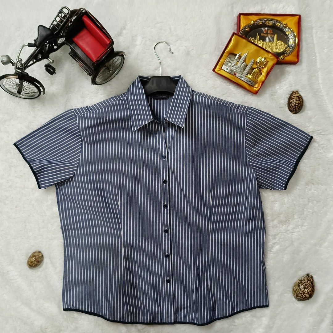 KEMEJA KERJA GARIS-GARIS KOREAN STYLE, Fesyen Wanita, Pakaian Wanita ...