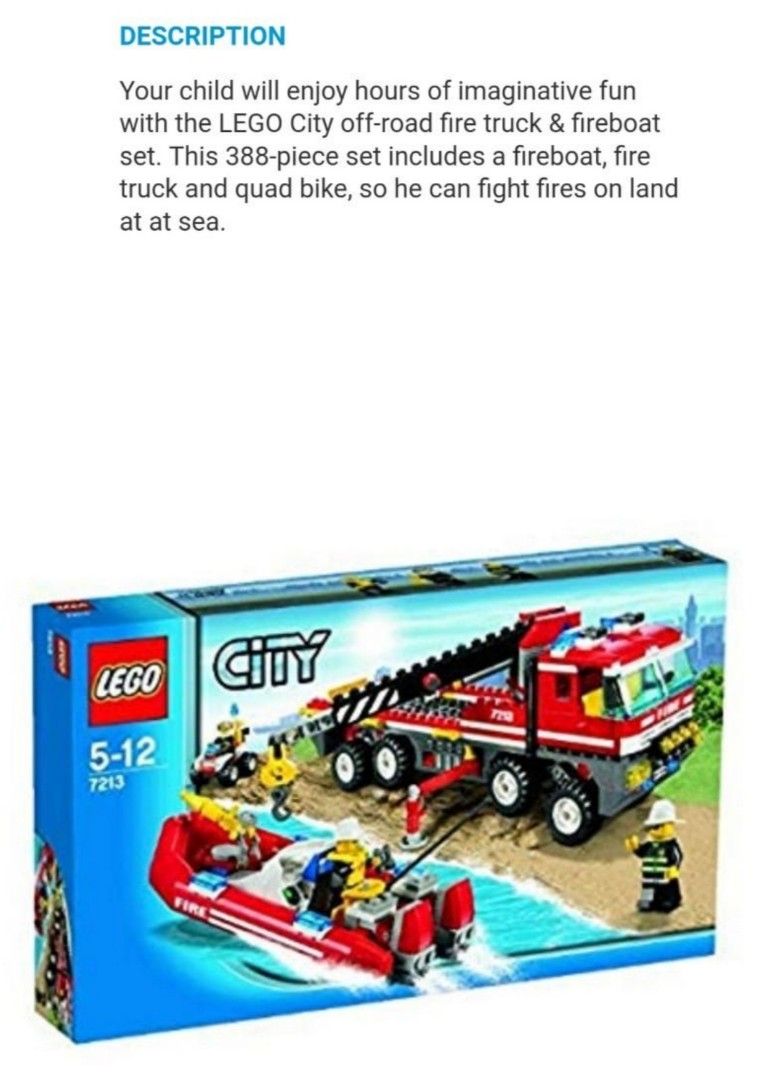 LEGO CITY SET - Offroad Fire Truck & Fire Boat (7213), Hobbies & Toys ...
