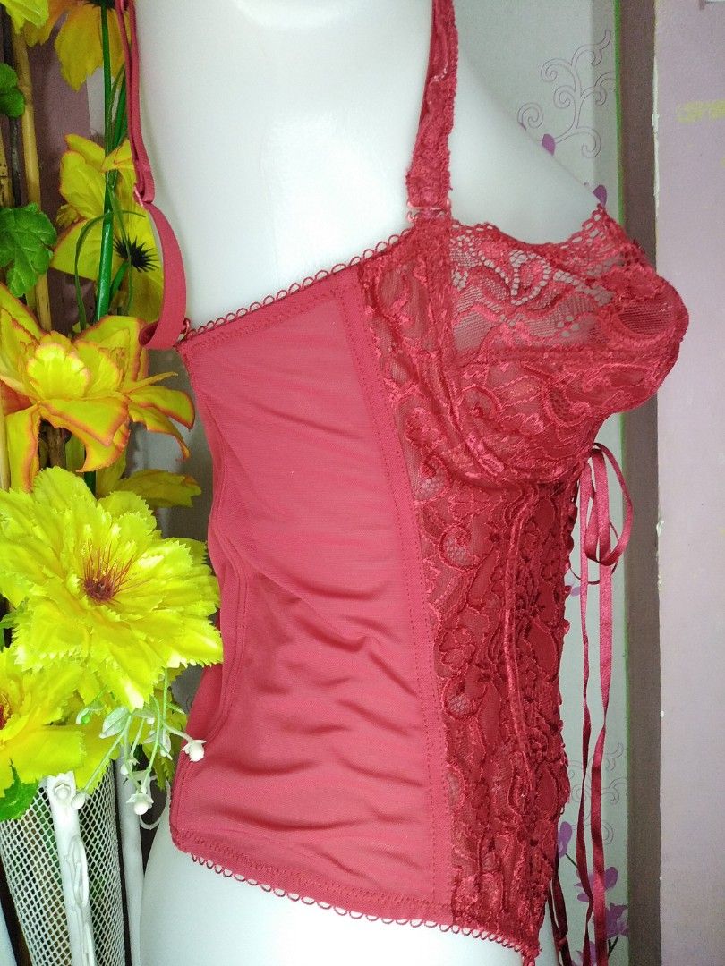 Preloved Cherry Red Lace See-through Corset Top 38D, Women's Fashion ...