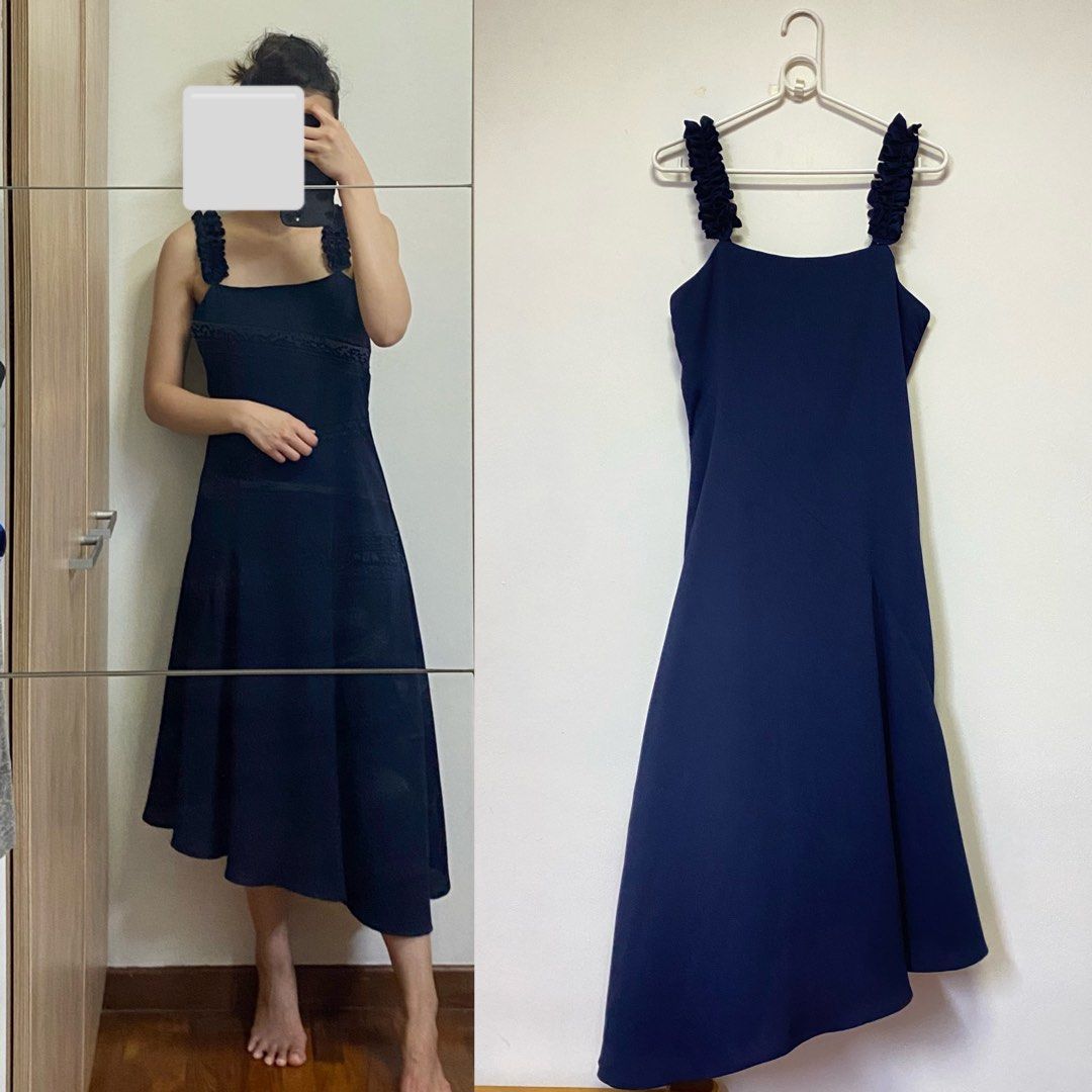 (S) GG5 Frilly Ruffles Strap Asymmetrical Midi Dress in Navy Blue, Women's Fashion, Dresses ...