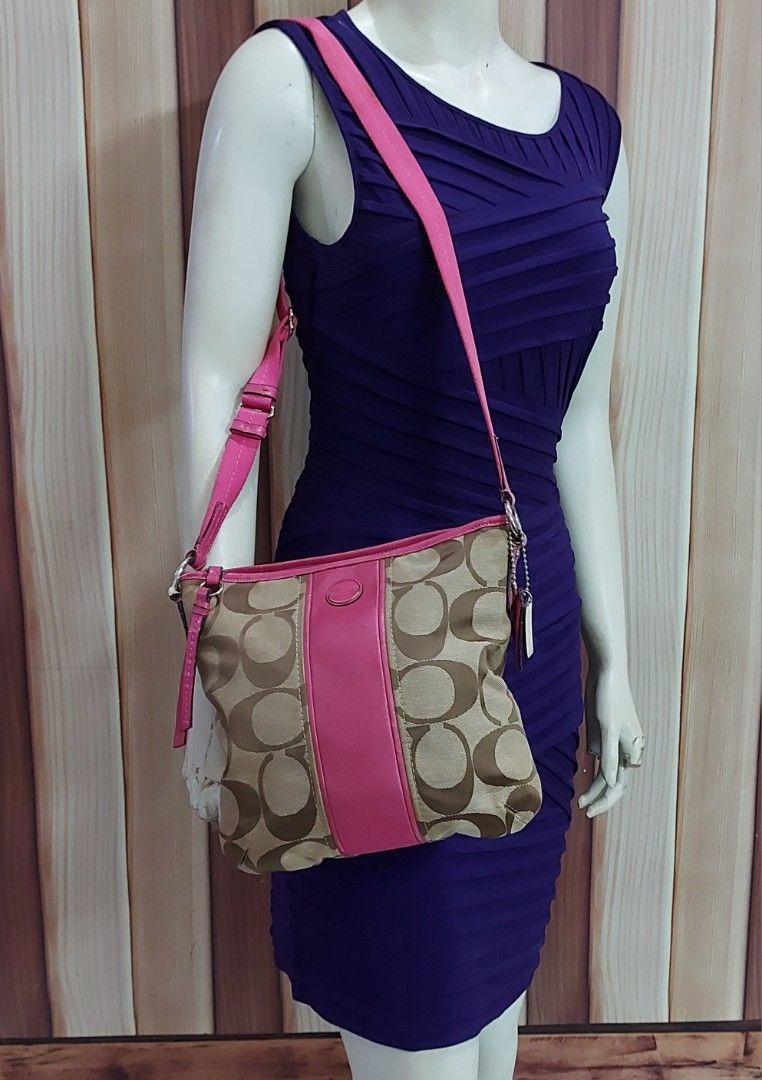 Tas Coach Signature Stripe Duffle Crossbody F 21905 Khaki Coral, Fesyen ...