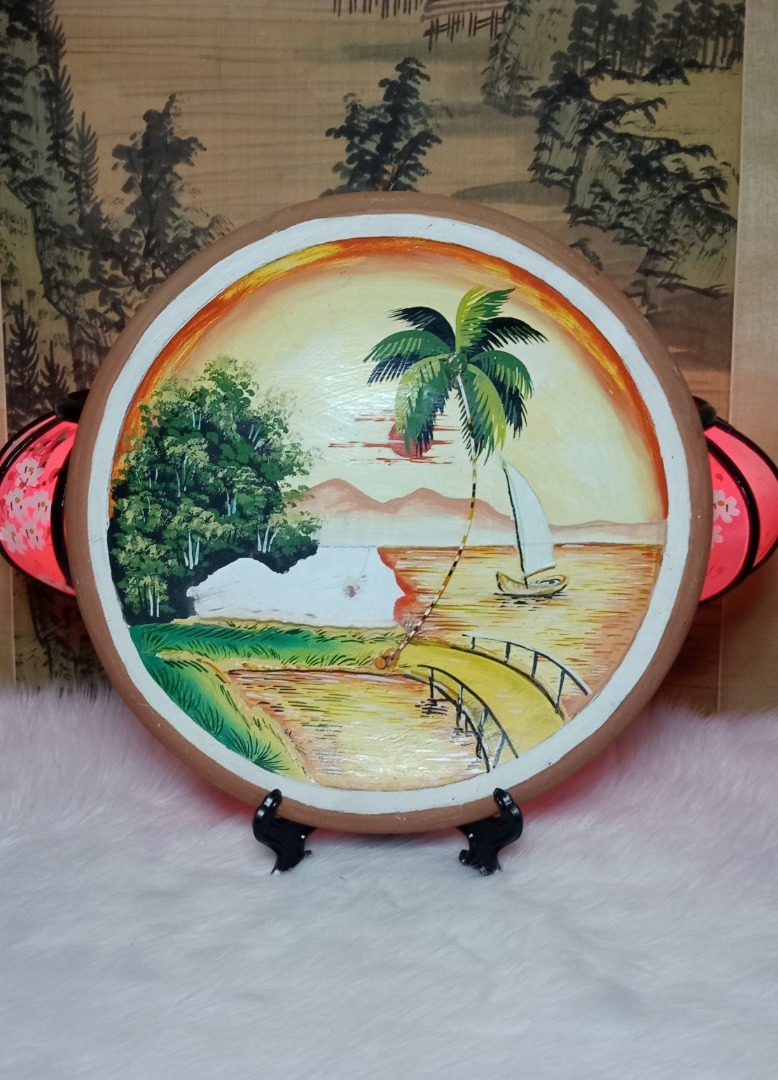VINTAGE HAND PAINTED BEACH VIEW SUNSET CLAY WALL DECOR DISPLAY - JAPAN ...