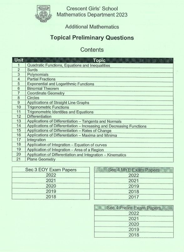 2023 Sec 1 2 3 4 E Math AMath Topical Revision Package CGS Crescent ...
