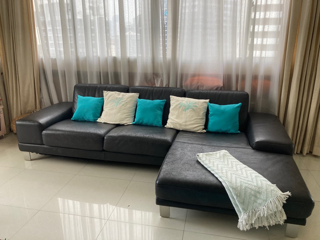 Brown genuine leather L-shape sofa/ coach, Furniture & Home Living ...