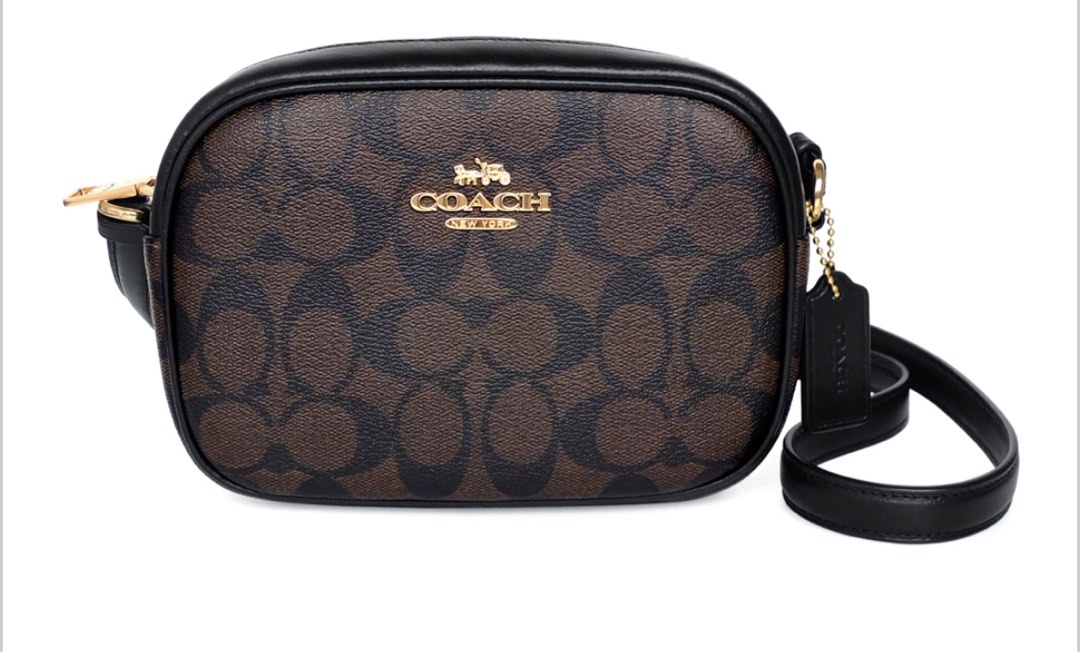 【COACH】真皮/PVC斜背迷你相機包 深咖C Logo黑邊, 她的時尚, 包包、錢包, 肩背、側背包在旋轉拍賣