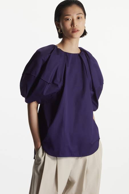 COS puff sleeve top (navy), Women's Fashion, Tops, Blouses on Carousell