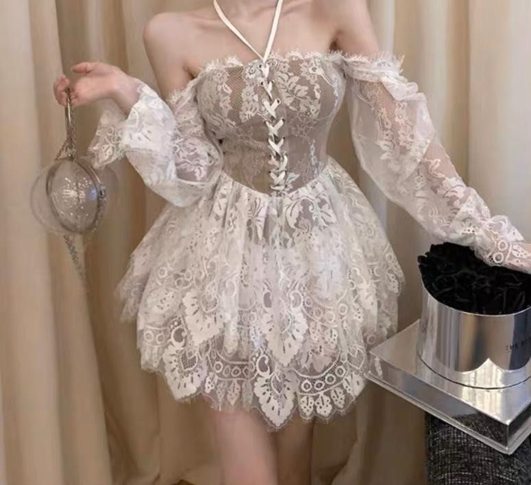 Douyin White Lace Princess Dress, Women's Fashion, Dresses & Sets ...