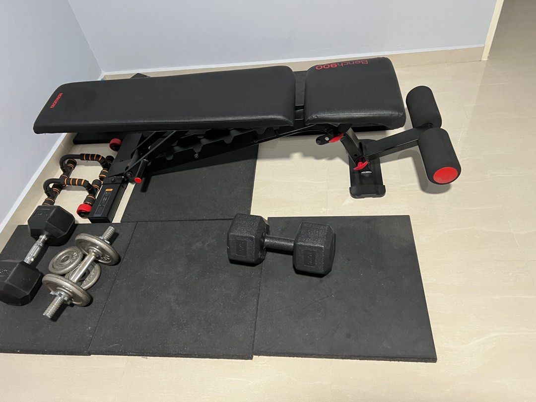Gym Bench + heavy duty mat 25cm + 2x 15kgs dumbbell + 2x 10kgs dumbell ...