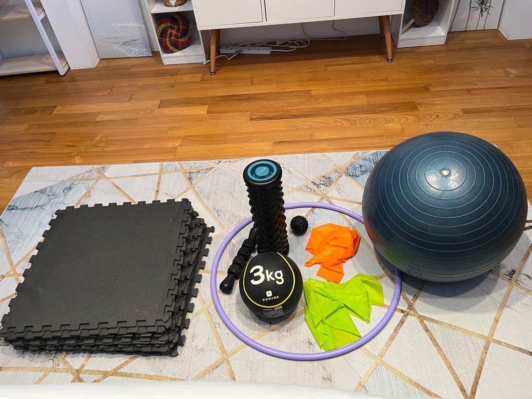 Gym mat, exercise ball and massage kit, Sports Equipment, Exercise ...