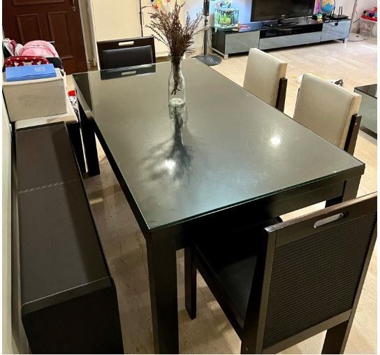 Lorenzo dining table (1.6m x 0.9m) with tempered glass top and chairs ...