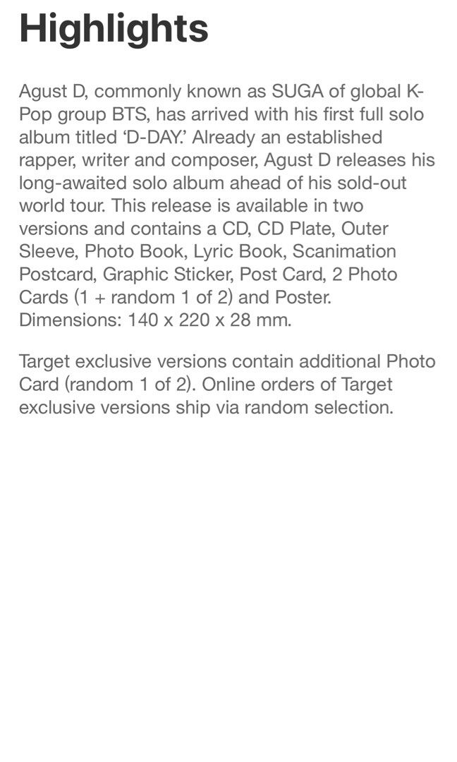 [CLOSED] Agust D (Suga BTS) D-DAY Target Exclusive Album, Hobbies ...