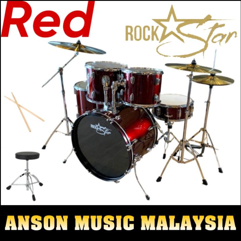 RockStar 5-Piece Drum Set w/RockStar 141620 Cymbal Set, Red, Hobbies ...