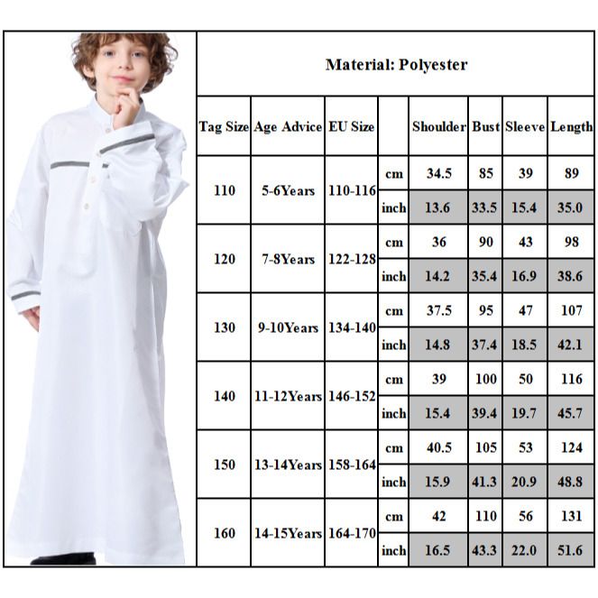 Thobe children kids boy teenagers sizes 20 22 24 26 28 30 white saudi ...