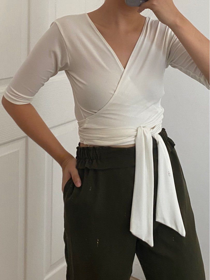 white wrap around top, Women's Fashion, Tops, Blouses on Carousell