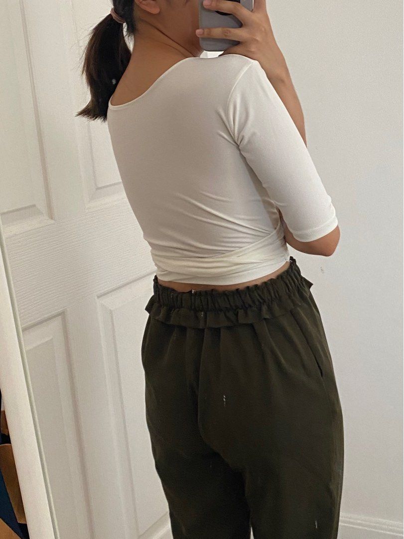 white wrap around top, Women's Fashion, Tops, Blouses on Carousell