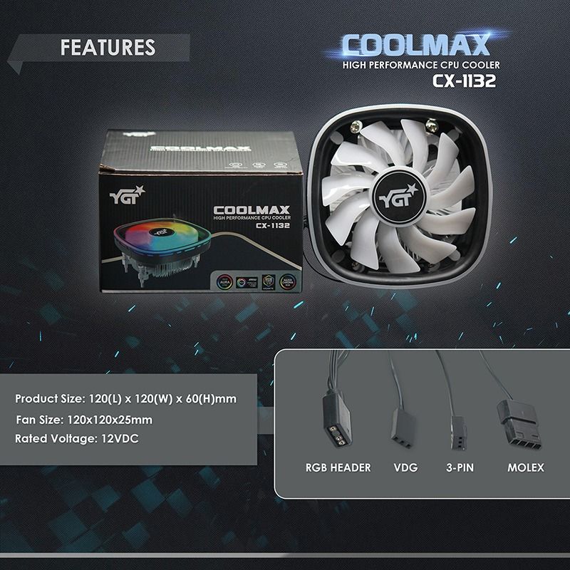 YGT COOLMAX CX-1132 CPU COOLER, 3-PIN 1900RPM 900W 12V AURA SYNC RGB ...
