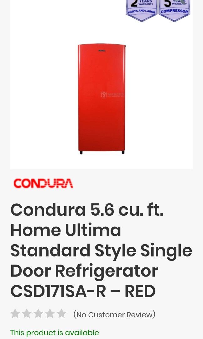 Condura Refrigerator 5.6 cu. ft. Burgundy Red Model CSD171SA on Carousell