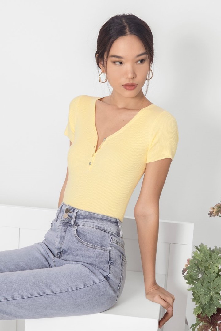 Lovet Lexa Button Ribbed Top (Yellow), Women's Fashion, Tops, Blouses ...