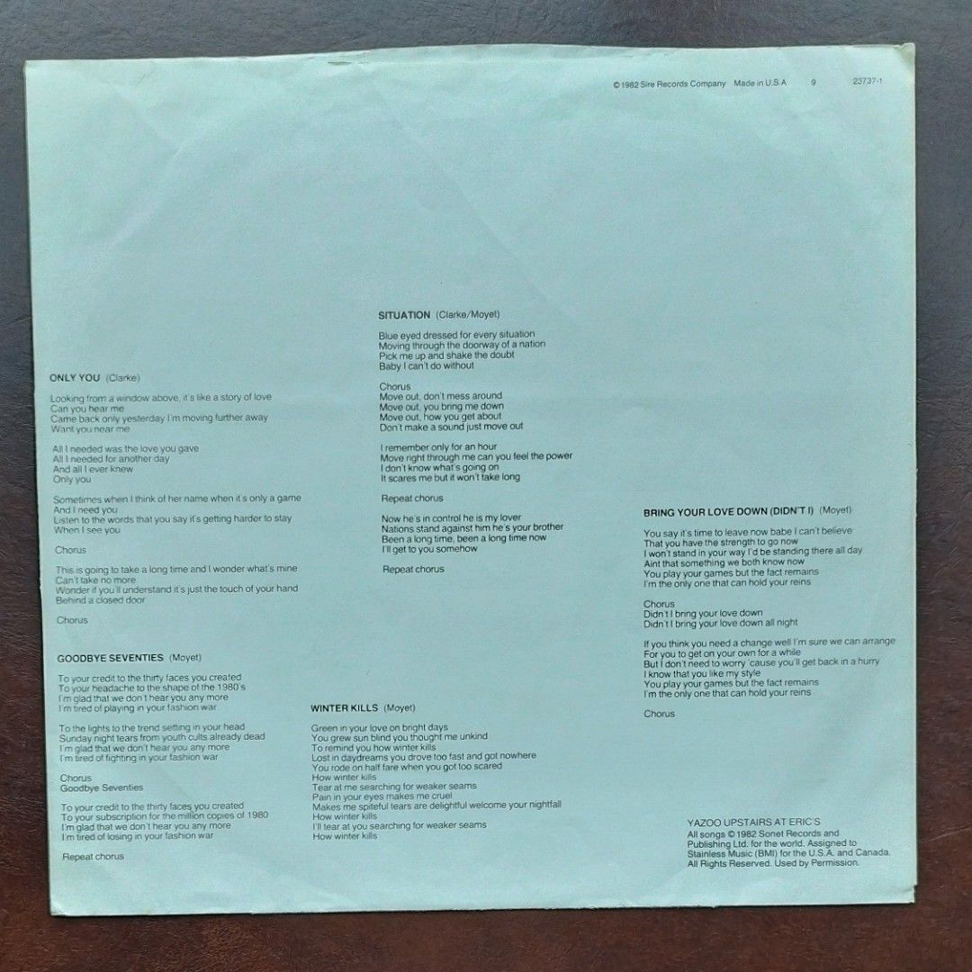YAZOO - UPSTAIRS AT ERIC'S US press - includes the song SITUATION LP ...
