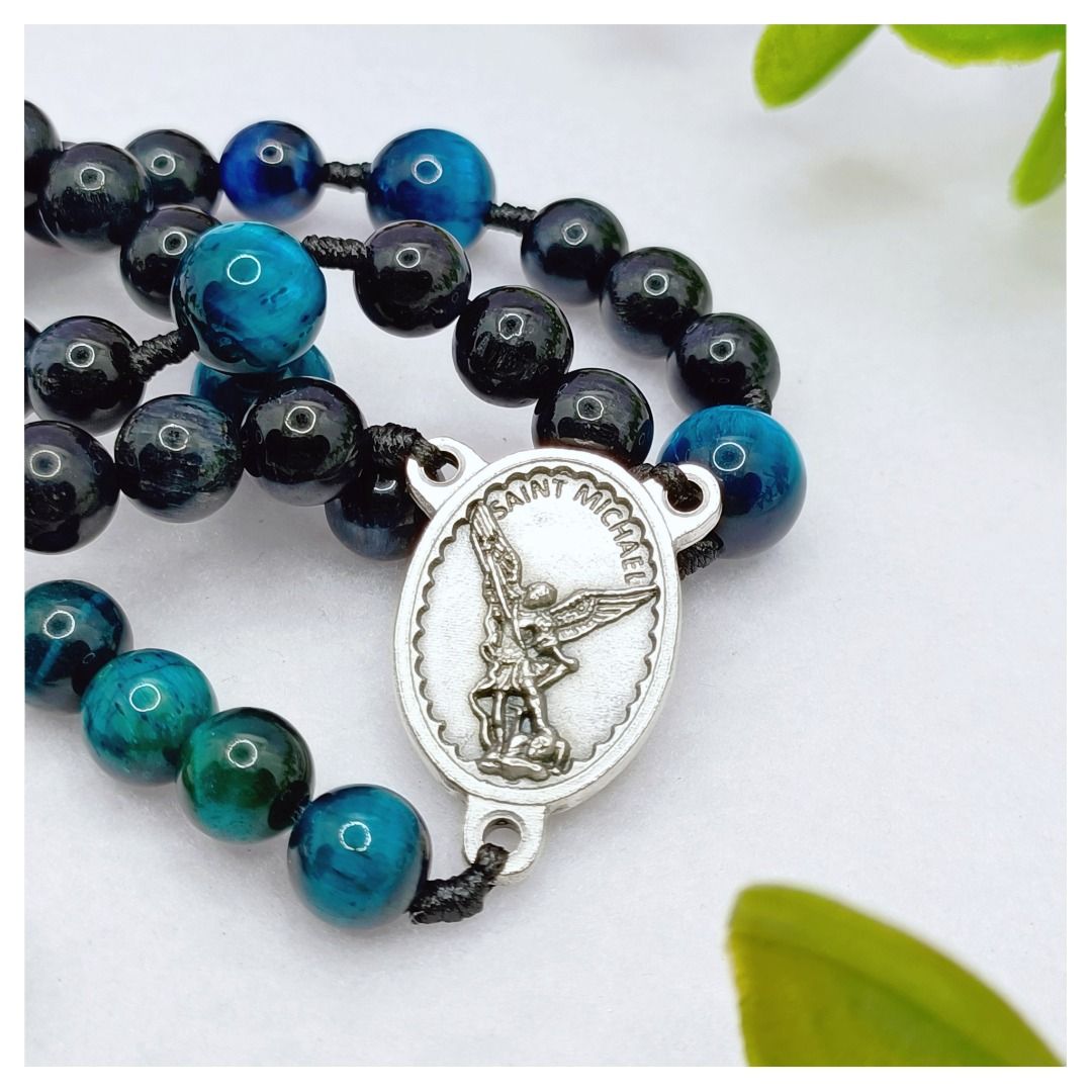 Chaplet of St Michael Archangel Rosary, Blue Tiger Eye, St Michael center, Pardon Crucifix ...