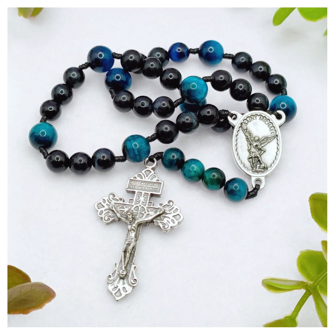 Chaplet of St Michael Archangel Rosary, Blue Tiger Eye, St Michael center, Pardon Crucifix ...