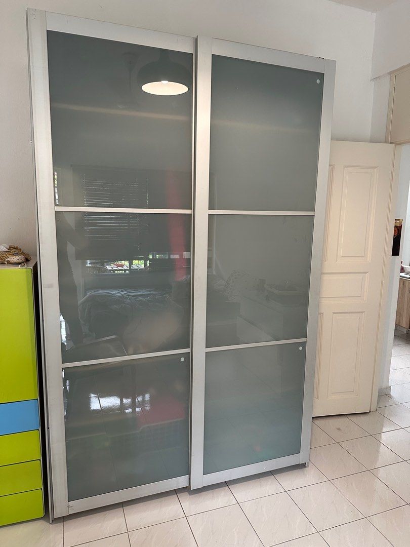 Ikea sliding door wardrobe with matte glass doors, Furniture & Home ...