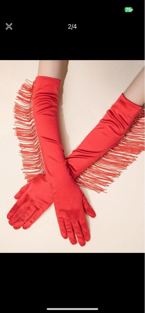 [INSTOCK] Red fringe decor long satin glove, Women's Fashion, Watches ...