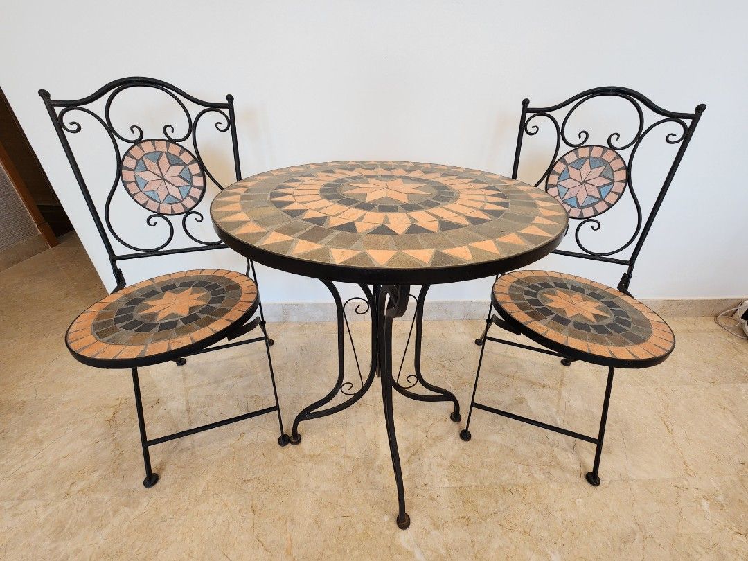 Italian Mosaic Table and Chairs Set (Metal, Outdoors), Furniture & Home ...