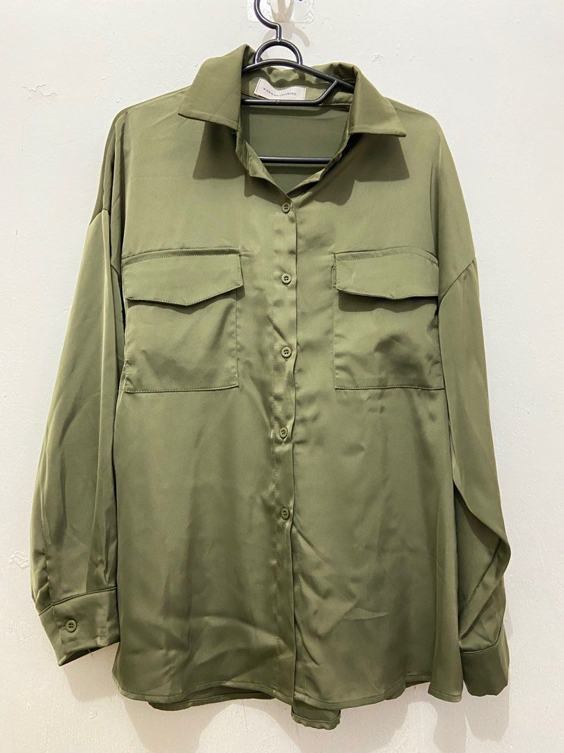 Kemeja Army Silk Jumbo Big Size, Fesyen Wanita, Pakaian Wanita, Atasan ...