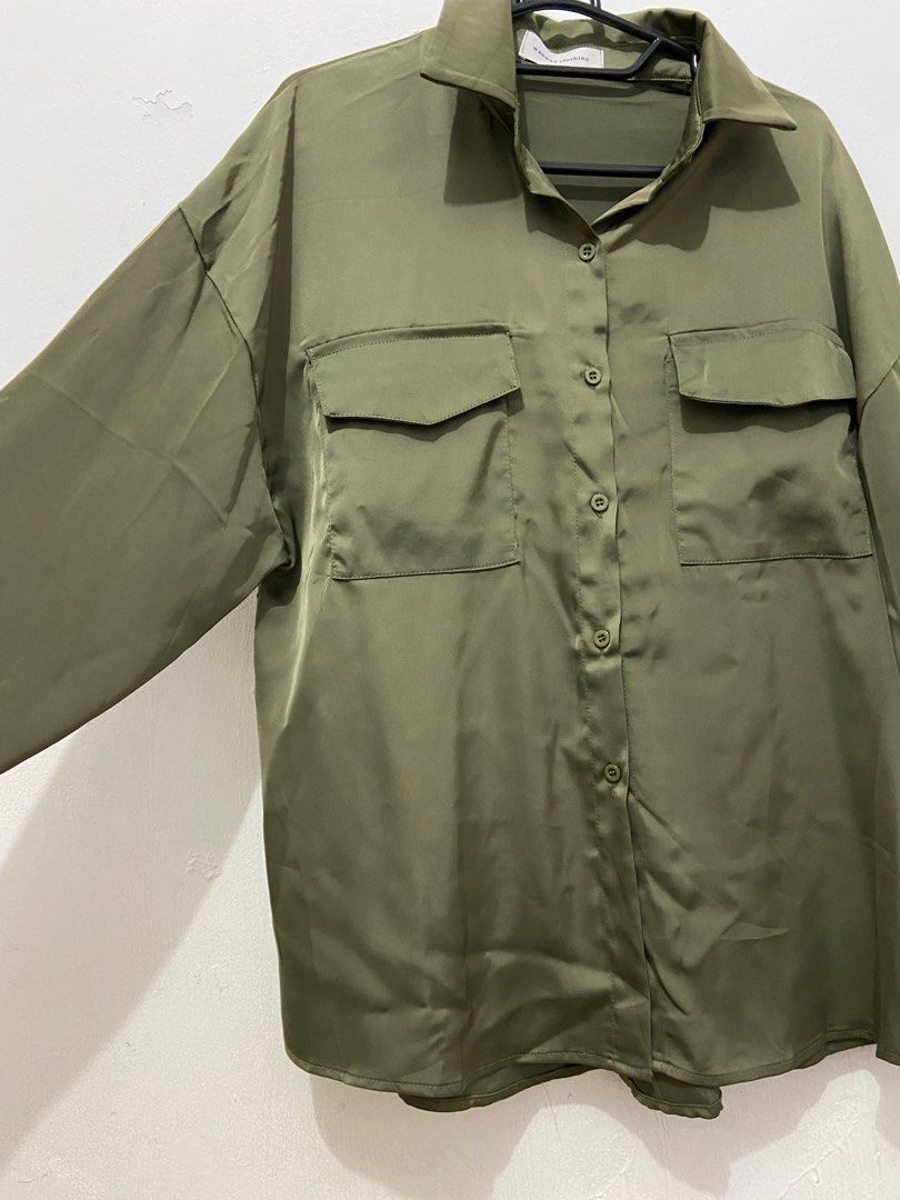 Kemeja Army Silk Jumbo Big Size, Fesyen Wanita, Pakaian Wanita, Atasan ...