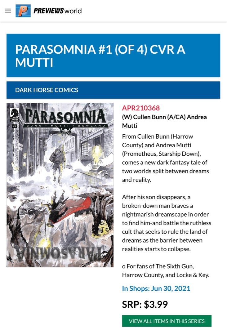 PARASOMNIA| BOTH COMPLETE SET | DARK HORSE | 2021-22, Hobbies & Toys ...