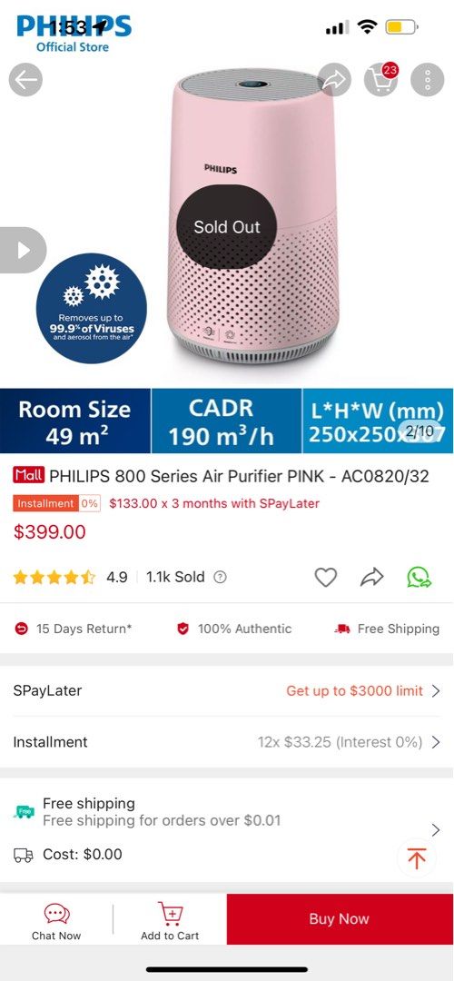 Phillips 800 Series Air Purifier, Pink (Authentic) AC0820, TV & Home ...