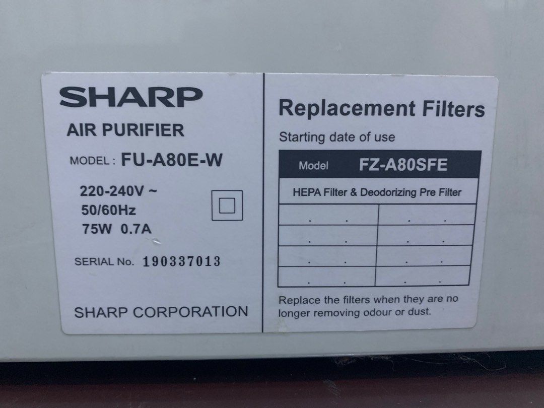 SHARP 62 m^2 AIR PURIFIER FU-A80E-W, TV & Home Appliances, Air Conditioning and Heating on Carousell