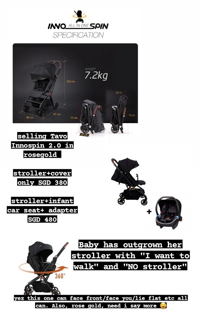 Tavo Innospin 360 2.0 Rose Gold with/without infant car seat+adapter, Babies & Kids, Going Out ...