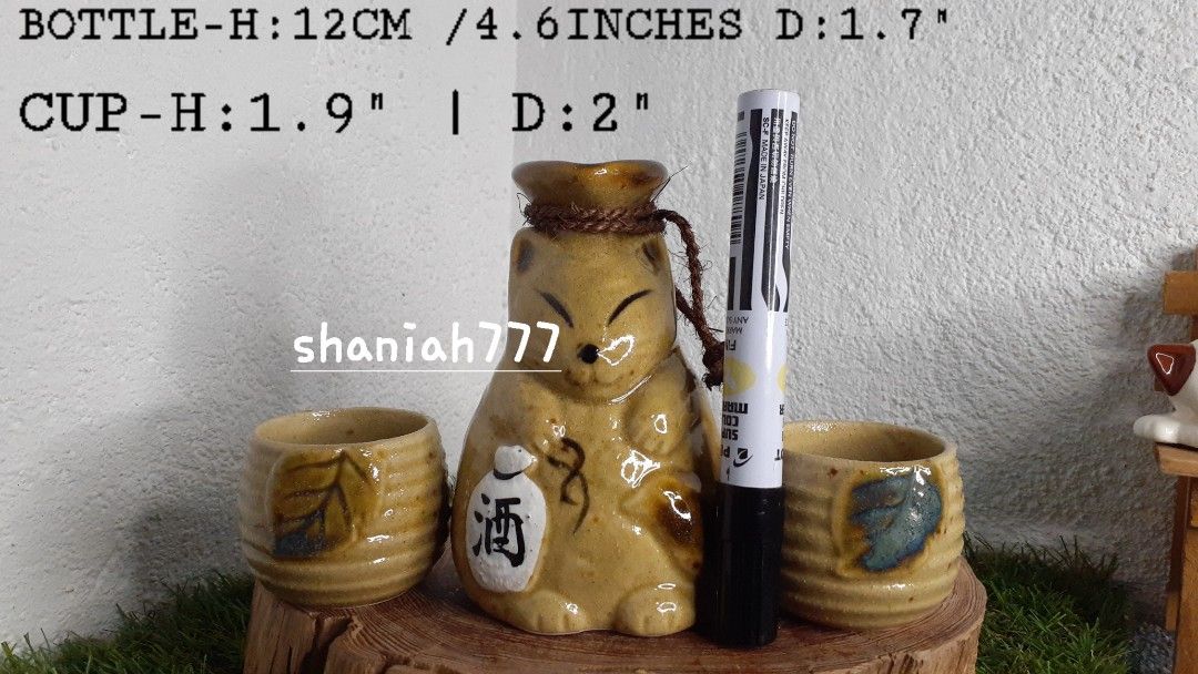 Tokai Kogei-KITSUNE FOX TOKKURI Sake Bottle Flask with Sake Cups Set w ...