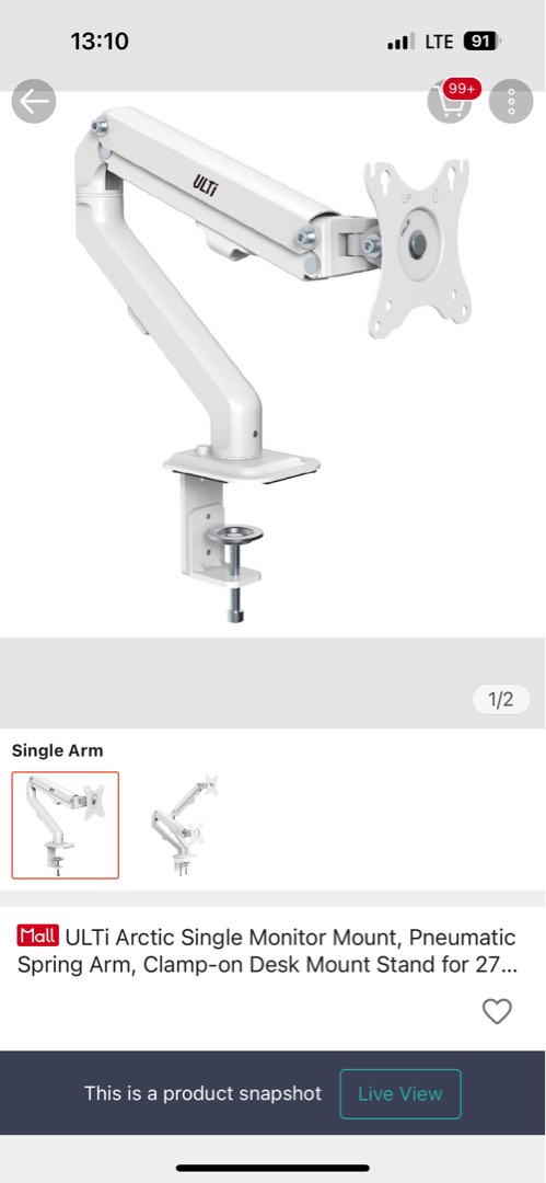 ULTi Arctic Single Monitor Mount, Pneumatic Spring Arm, Clamp-on Desk ...