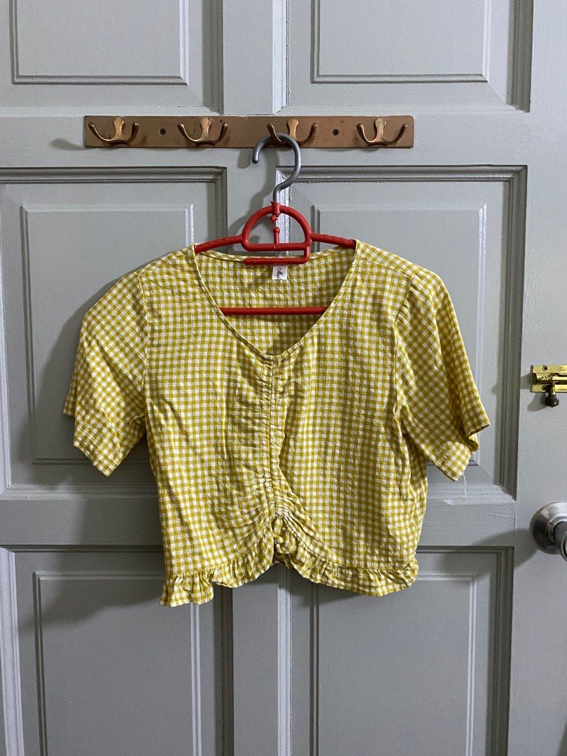 Yellow Checkered Top, Women's Fashion, Tops, Blouses on Carousell