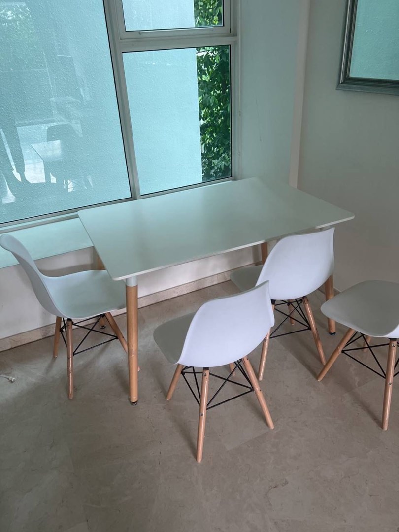 Dining table + 4 white chairs moving out sale!, Furniture & Home Living ...