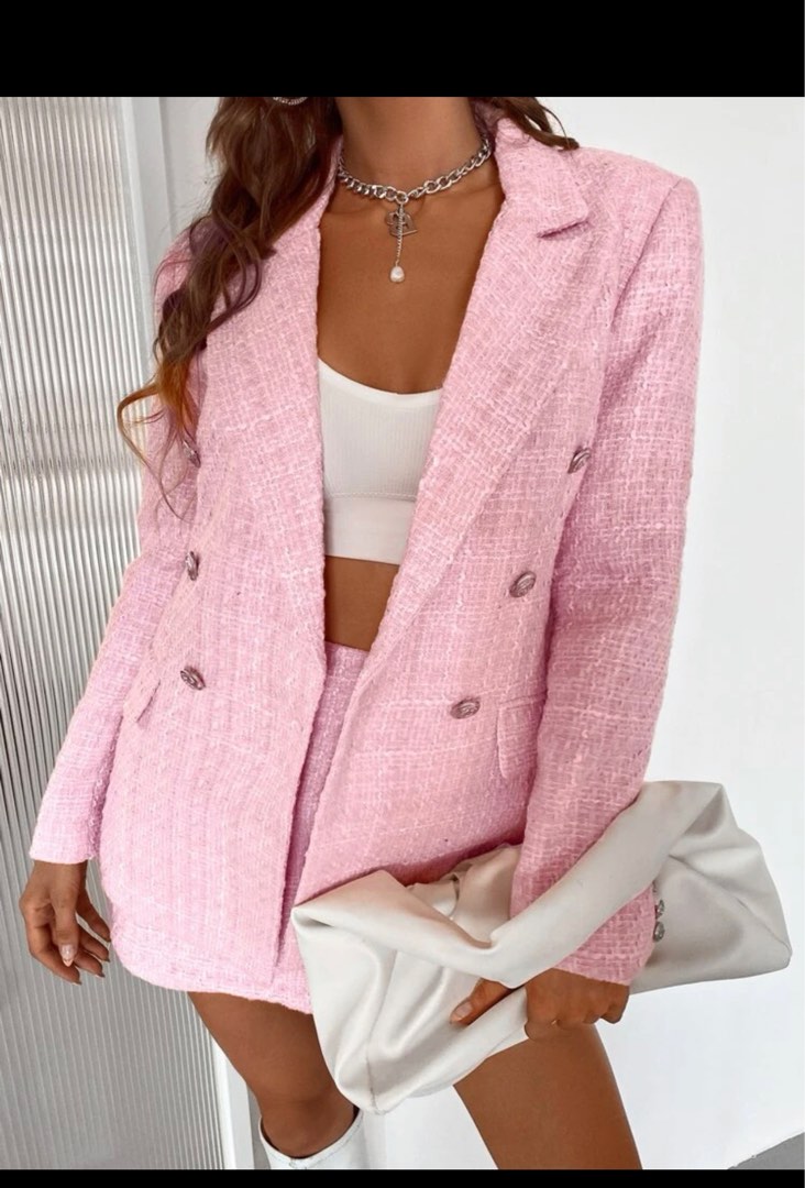 SHEIN Pink Tweed Coords - Blazer and Skort, Women's Fashion, Coats ...