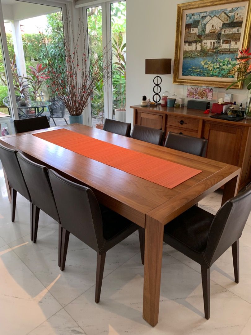 Solid Jarrah wood dining table with 8 Italian leather chairs, Furniture ...