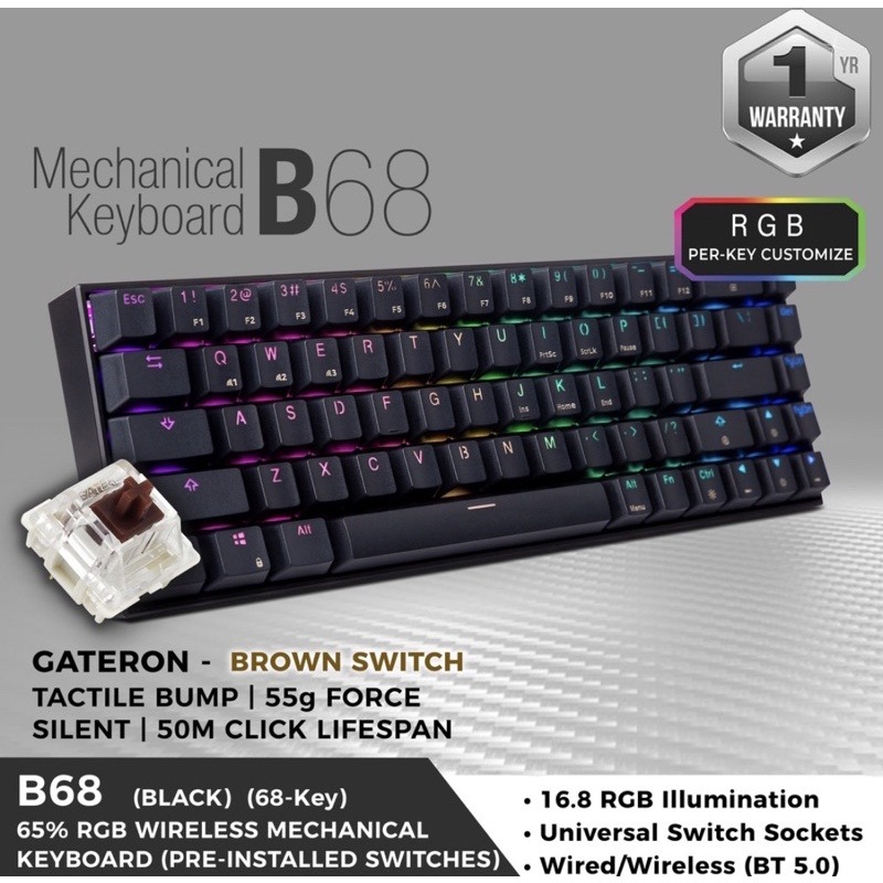 Tecware Phantom B68 Black Wireless Mechanical RGB Keyboard Brown/Yellow ...