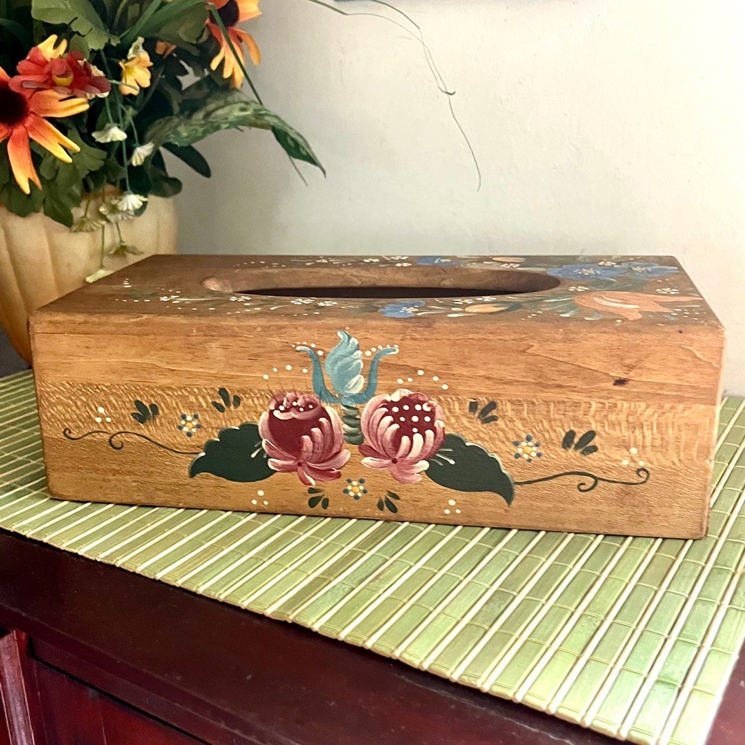Vintage hand painted floral wooden tissue box, Furniture & Home Living ...