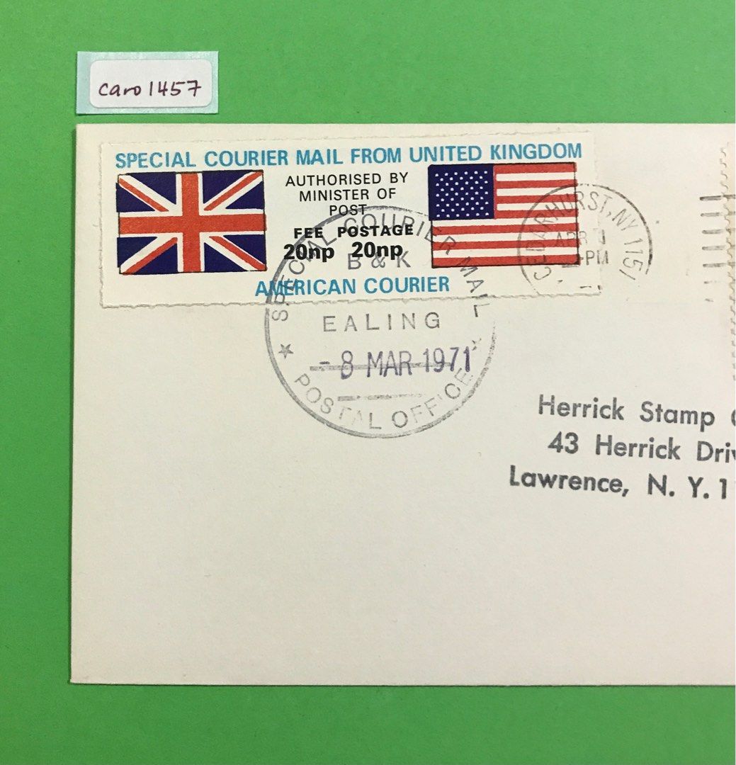 1971 UK Postal Strike Mail to USA, Special Courier Mail label tied by 2 ...