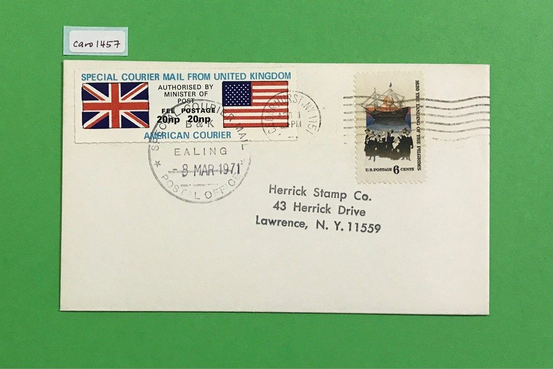 1971 UK Postal Strike Mail to USA, Special Courier Mail label tied by 2 ...